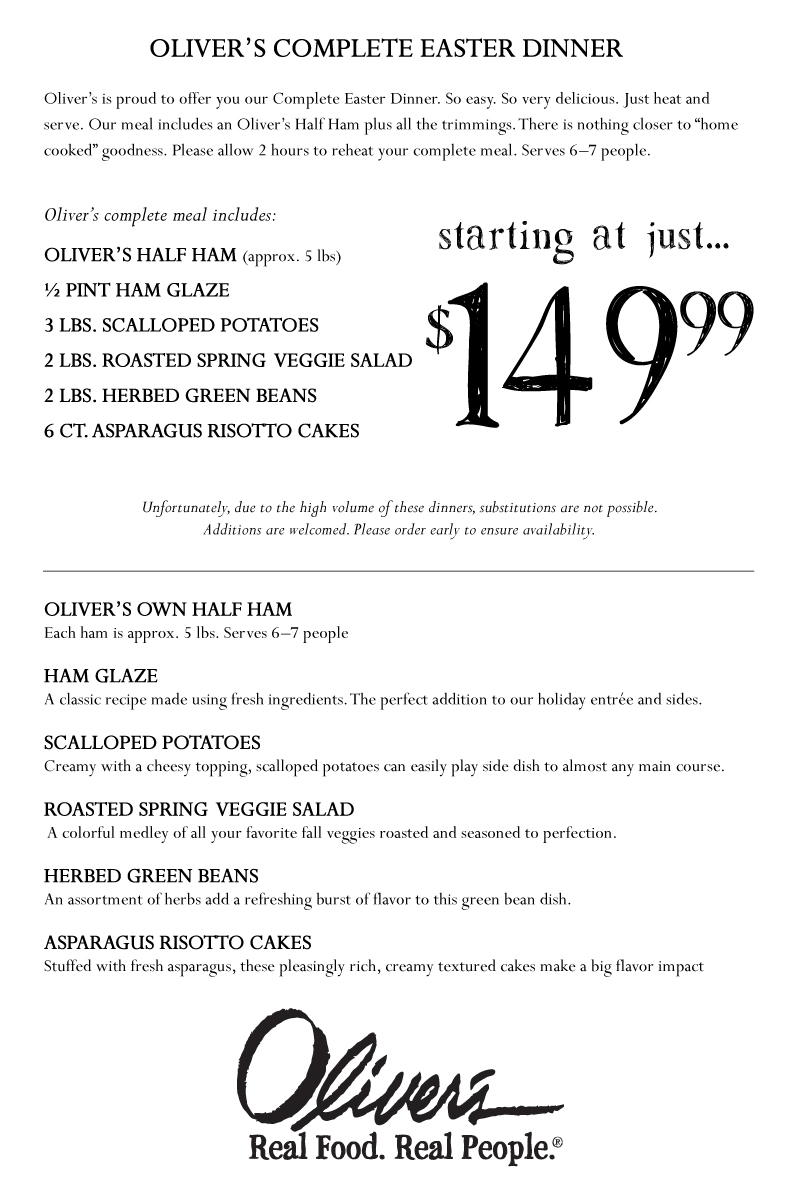 Oliver's Own Complete Easter Dinner - Oliver's Markets